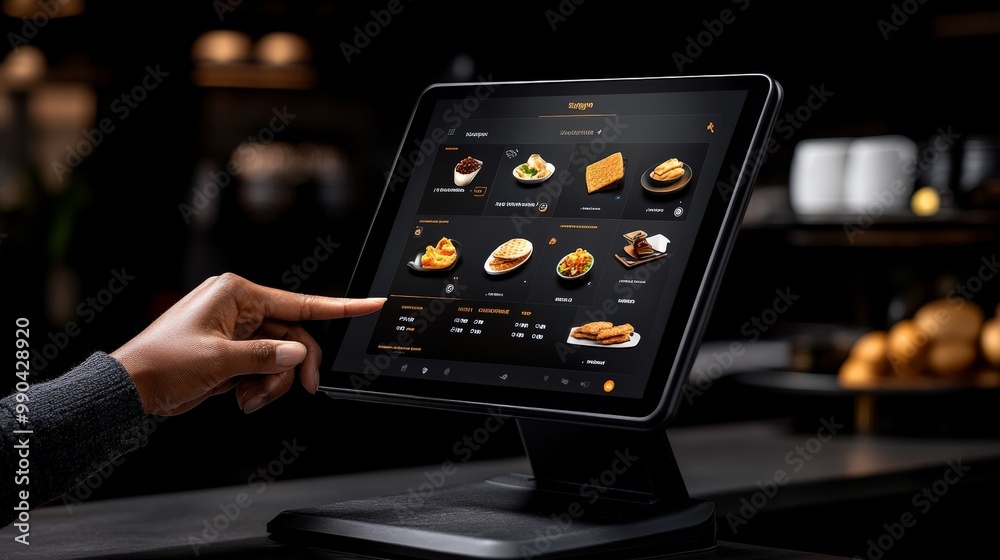 Digital Menu Ordering: A hand taps the screen of a sleek tablet ...