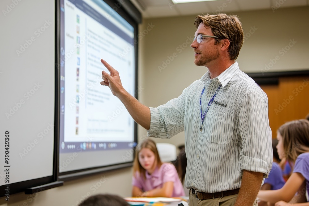 High school teacher using touchpad with his student and her mother in ...