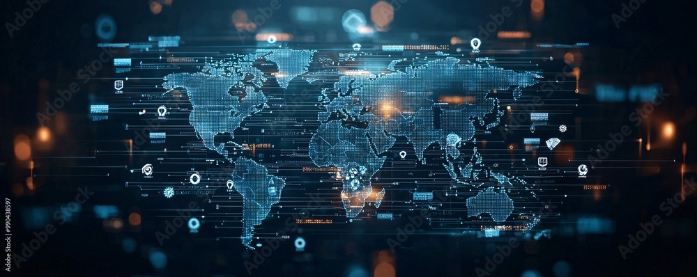 A cinematic magazine cover featuring a global map overlaid with icons ...