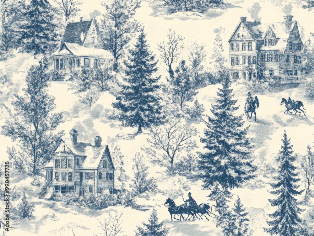 2408 27.A detailed winter snow scene in a vintage Toile de Jouy pattern ...