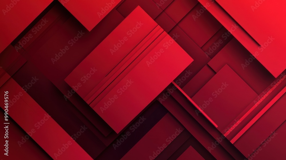 A red graphic background featuring layered geometric shapes and ...