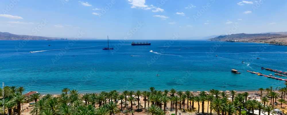 Panoramic view on the Aqaba gulf of the Red Sea and central public ...