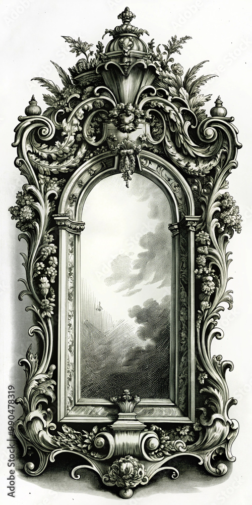 A highly ornate, antique mirror with a rich frame of baroque-style ...