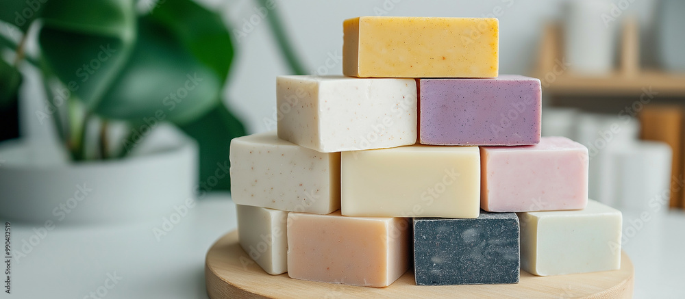 Misaligned stack of handmade soap bars with uneven cuts and visible air ...