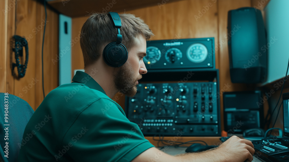 Radio operator in a small cabin, surrounded by ham radio equipment ...