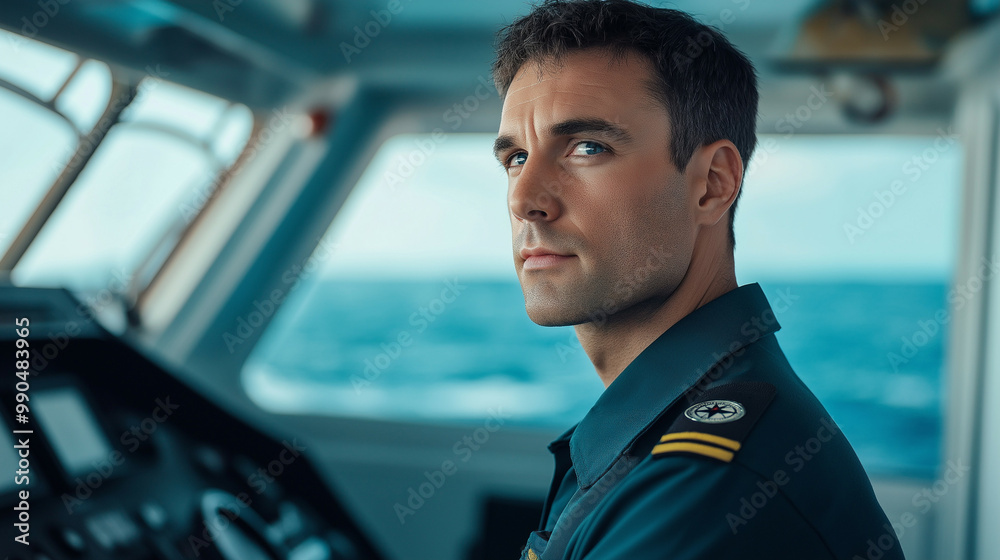 Ship captain operating the helm in a control room, nautical charts and ...