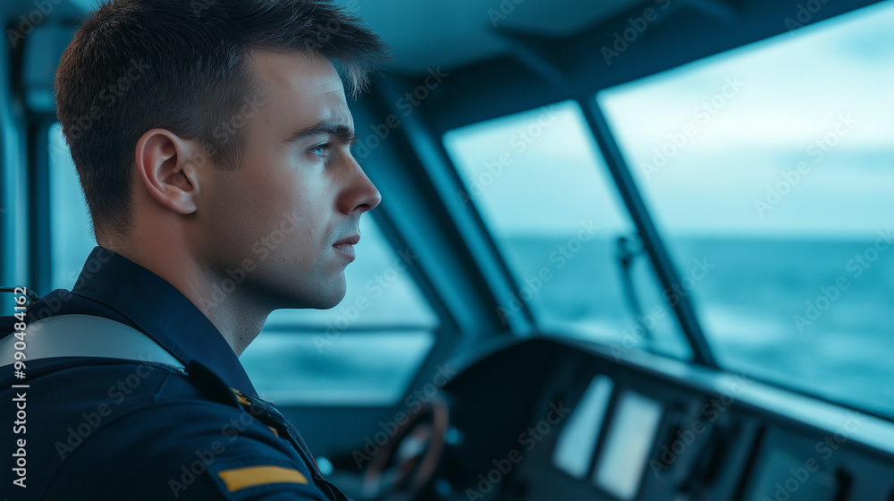 Ship captain operating the helm in a control room, nautical charts and ...