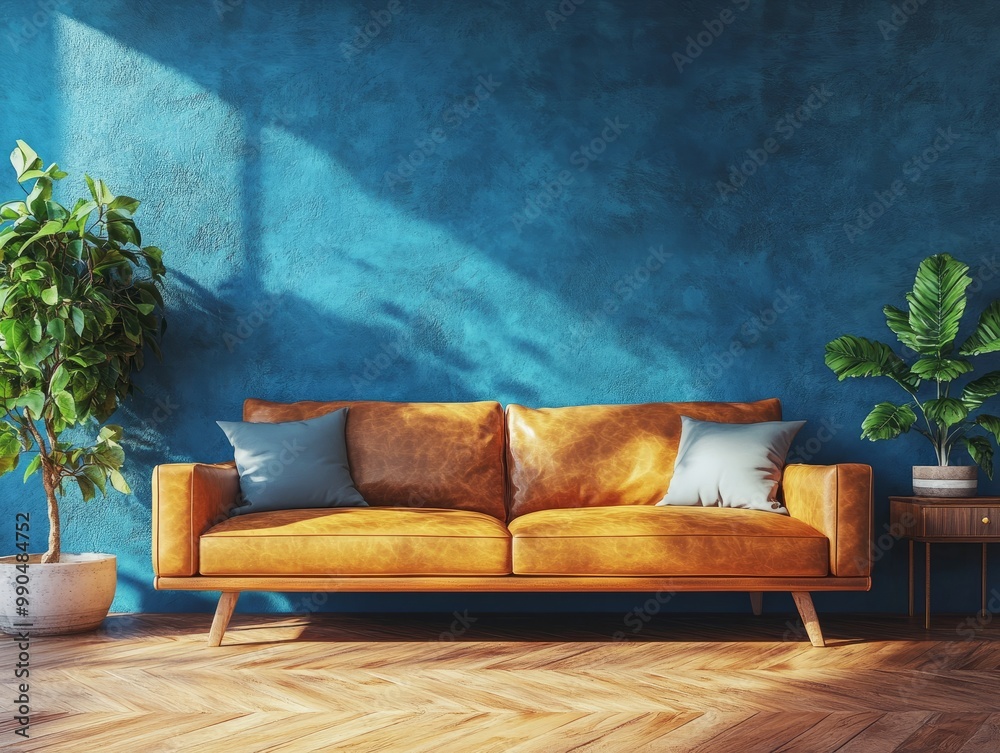 A modern rustic living room with a rusty leather sofa, a blue mockup ...