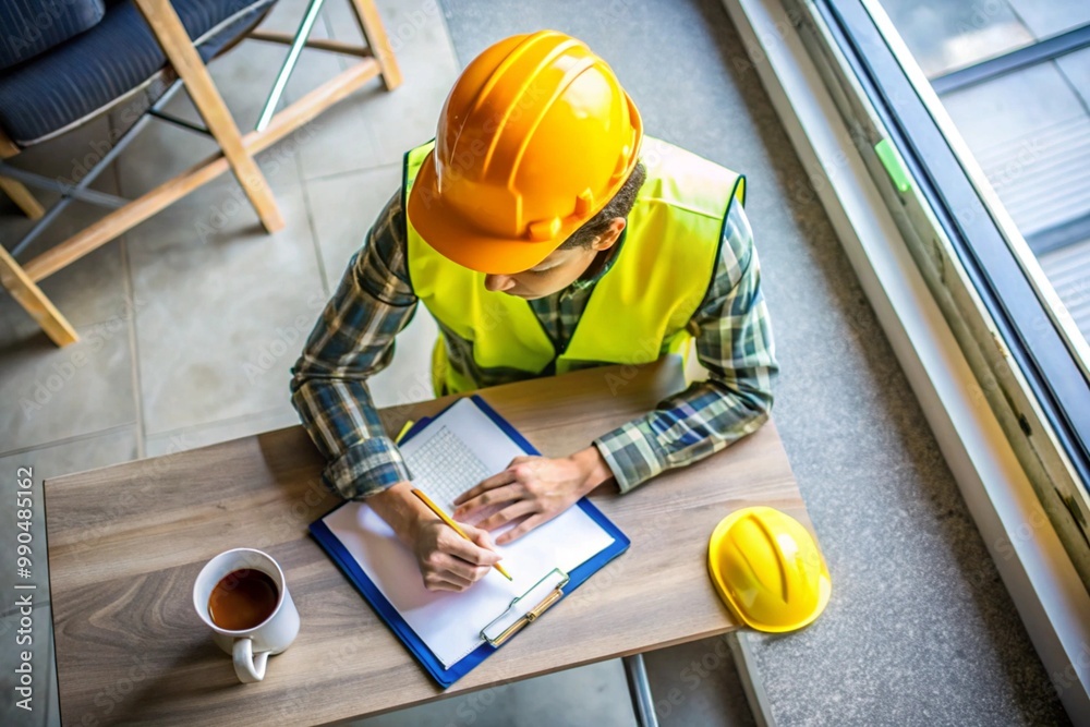 A top view of a trained administrator documenting a job hazard analysis ...