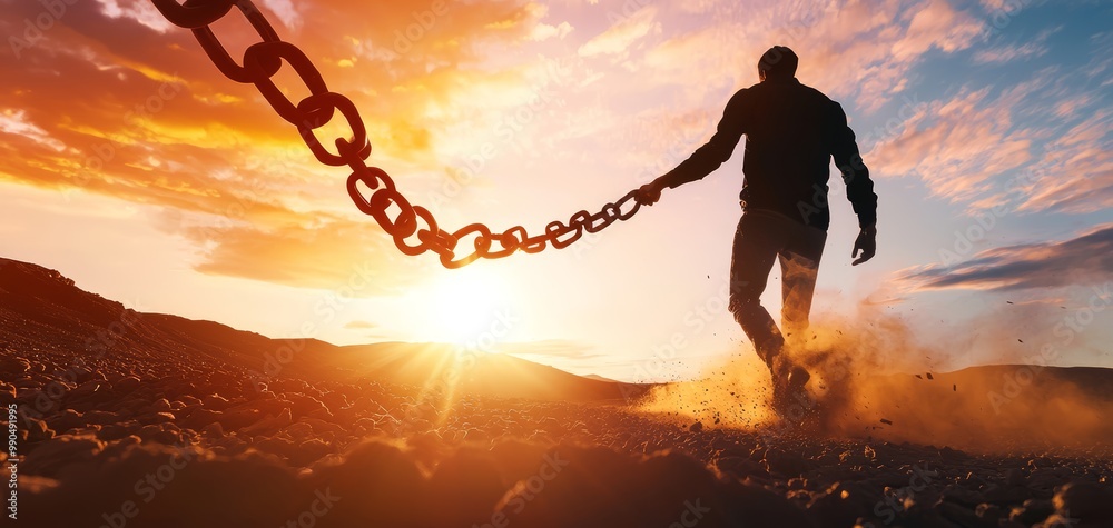 Figure breaking chains in a dusty landscape, dramatic sunlight, ultra ...
