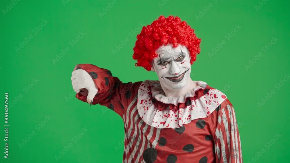 Scary halloween man clown with spooky makeup and wig dressed in costume ...