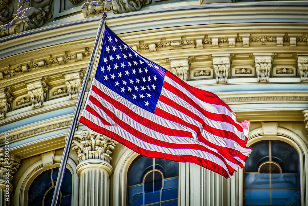 The U.S. flag waves in front of the detailed architectural facade of ...
