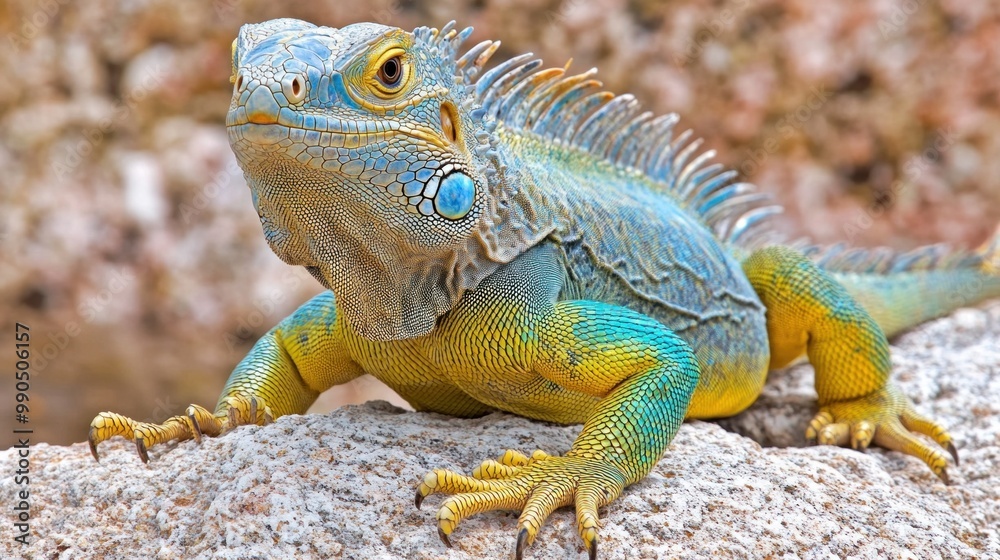A vibrant lizard with blue and green scales rests on a rock, soaking in ...