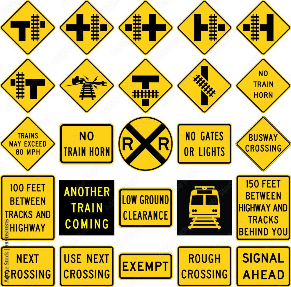 Railroad and Roadway Warning Signs Collection with Exempt, No Horn, Low ...