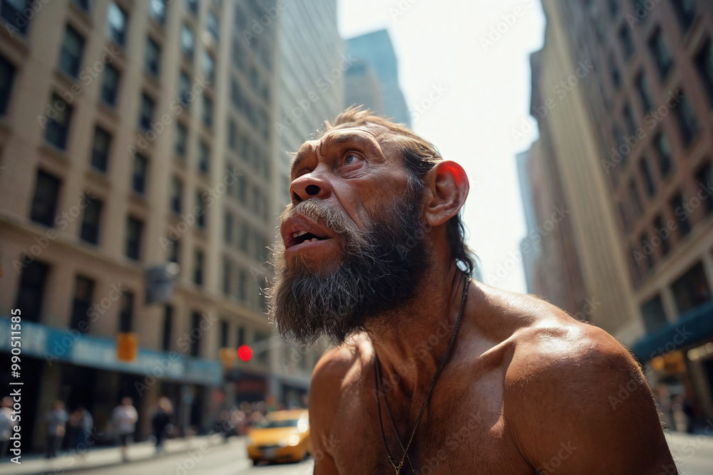 A prehistoric Neanderthal man shocked and frighten as he takes in his ...