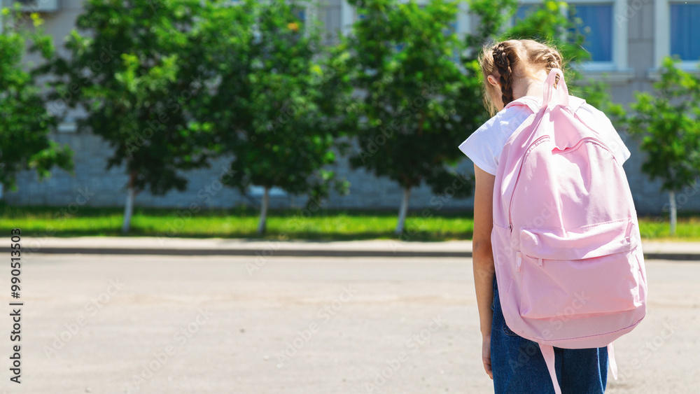Upset school girl. Back to school. Child girl with backpack has bad ...