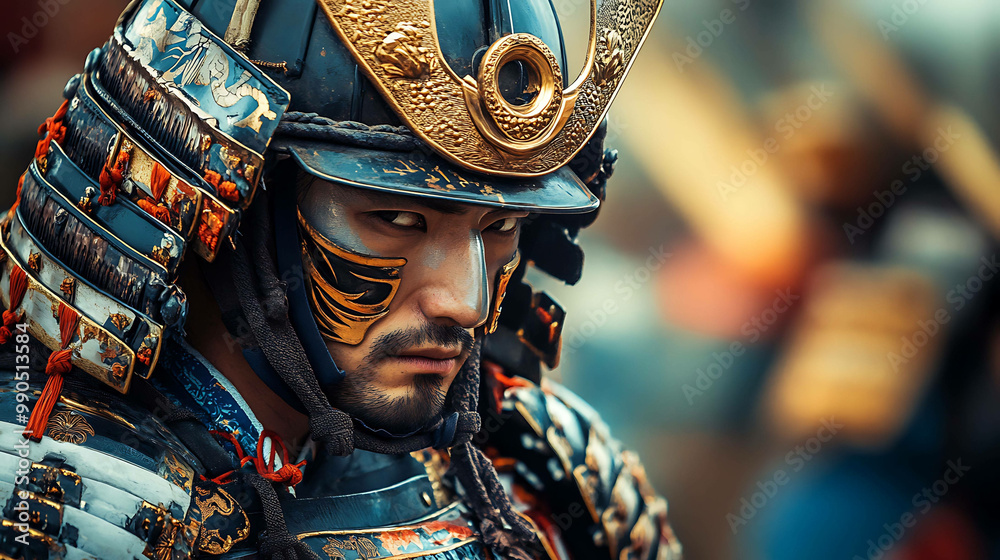 A samurai warrior in full armor looks directly at the camera with a ...
