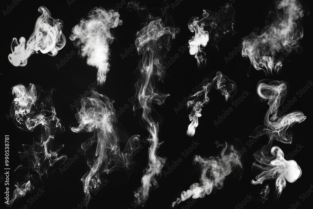 Various wisps of white smoke billow against a black background. The ...