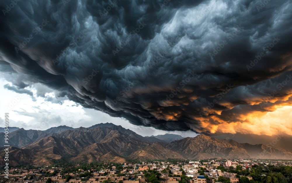 Dark clouds looming over a mountain town as monsoon rains cause ...