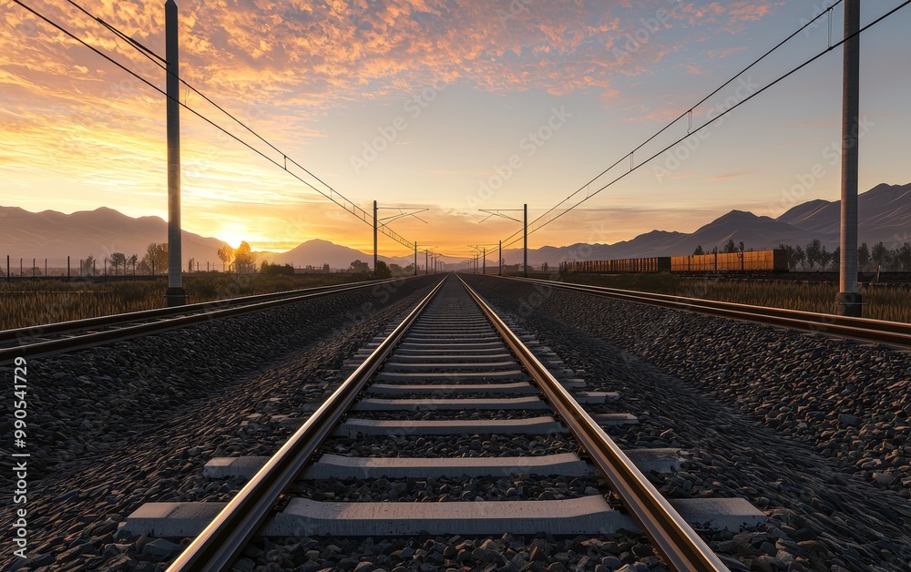 Highway runs parallel to a railway track, with a train passing by as ...