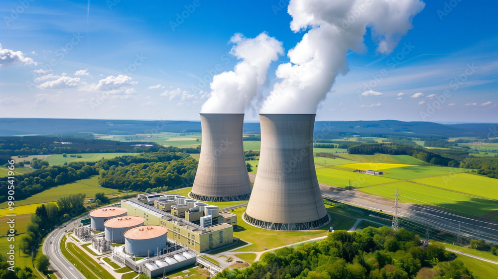 Aerial view of modern nuclear power plant with cooling towers emitting ...
