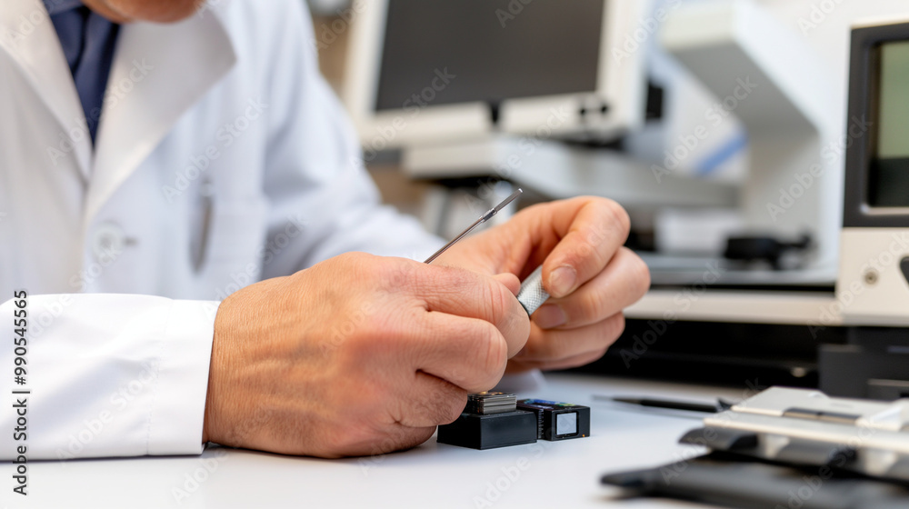 Skilled technician holding precision screwdriver, meticulously ...