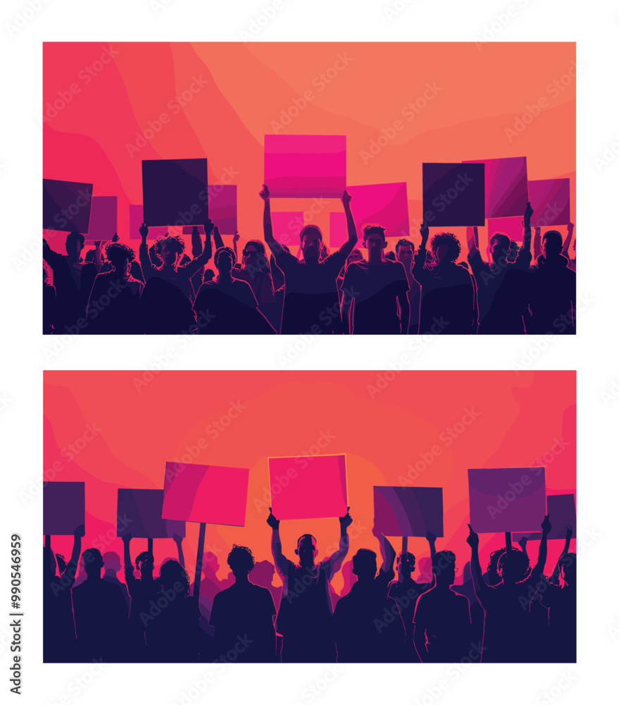 Demonstrants group cartoon vector scenes. Raised arms male female ...