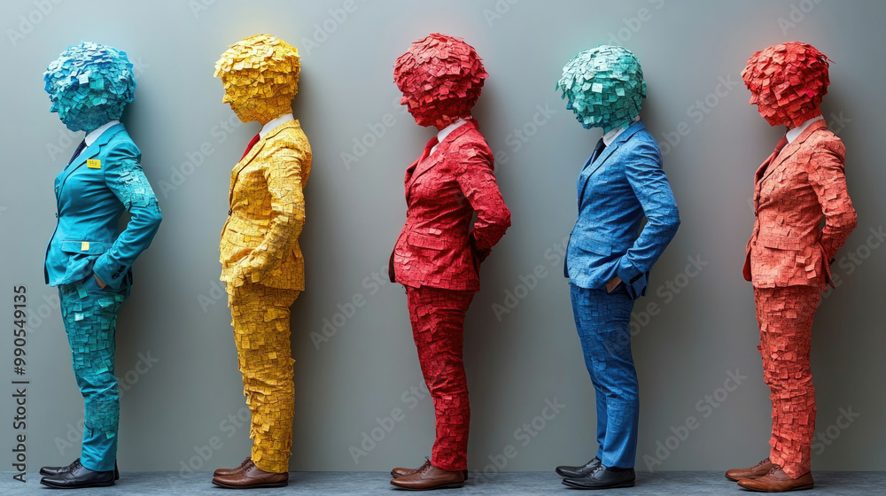 Five unique figures wearing textured suits of various colors are lined ...