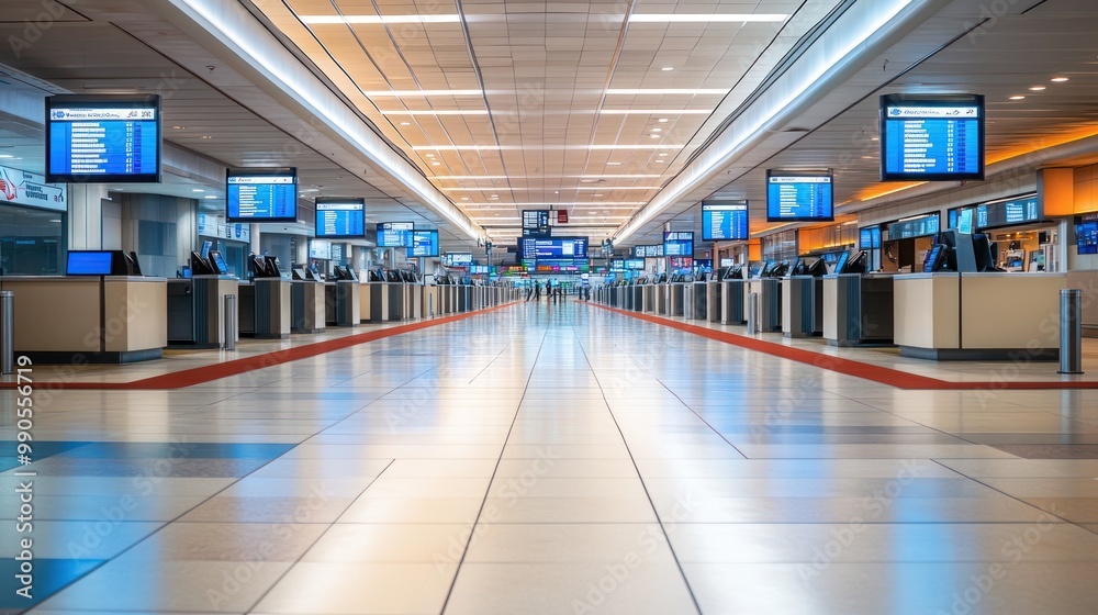 A modern airport interior with check-in counters and digital displays ...