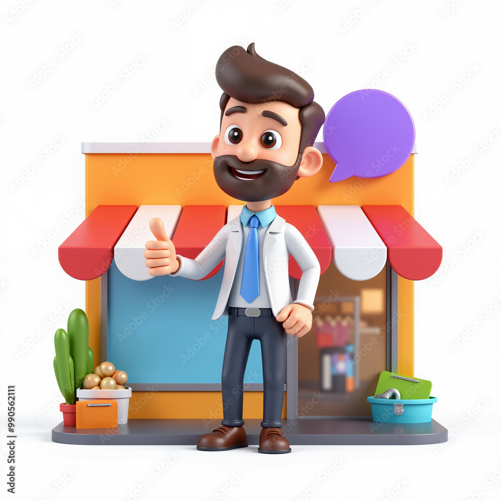 Cartoon shopkeeper with a beard giving a thumbs up in front of his ...