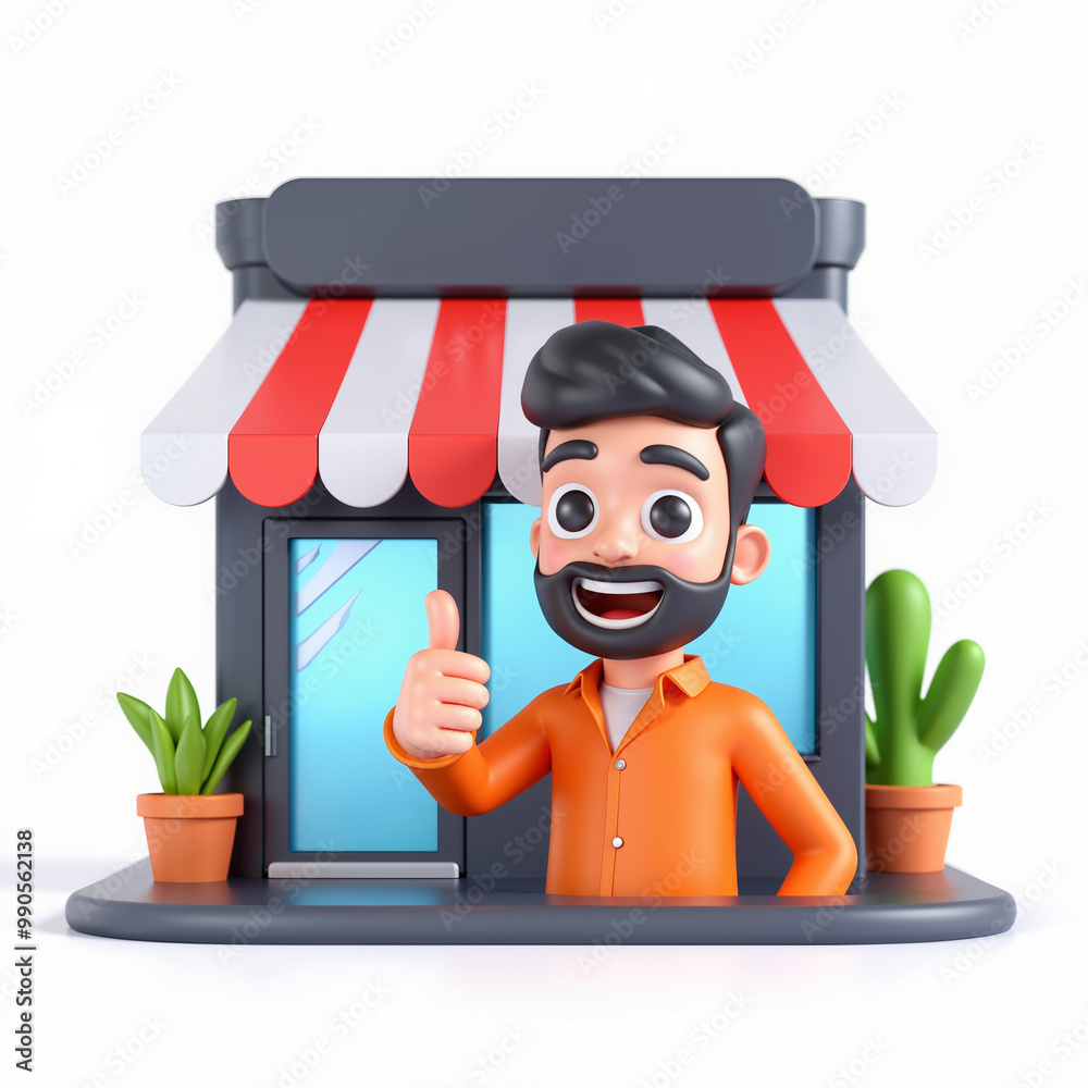 Cartoon shopkeeper with a beard giving a thumbs up in front of his ...