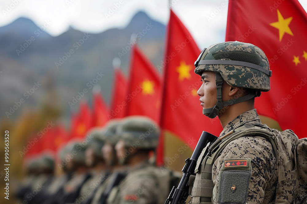 East Asia's geopolitical instability, dramatic future scenes.A soldier ...