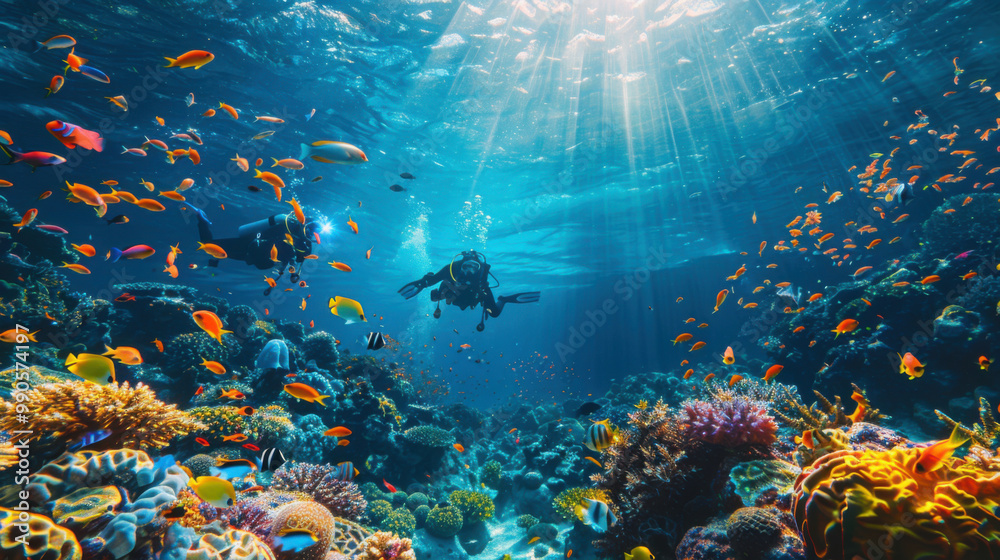 Family scuba diving in crystal clear tropical waters, exploring vibrant ...