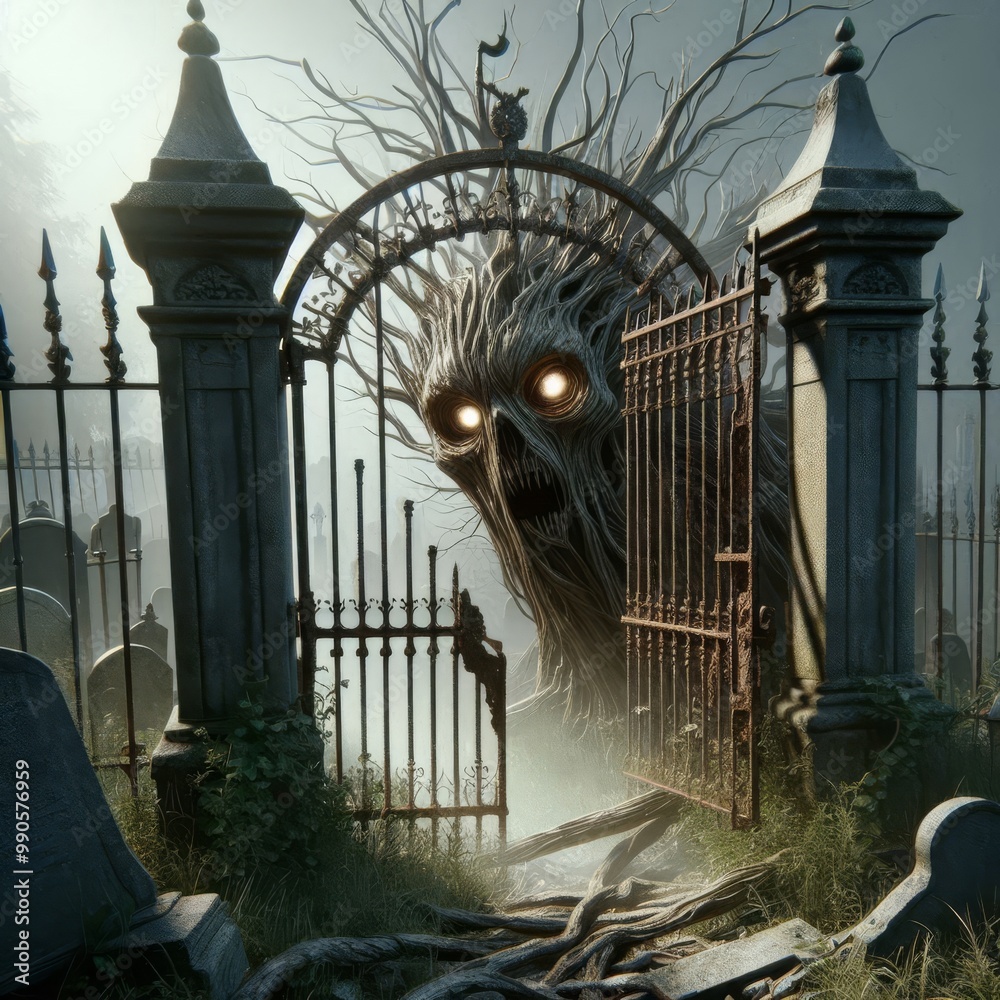 A nightmarish, twisted tree-like figure with glowing eyes emerges from ...