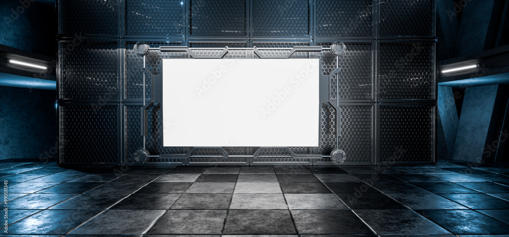 Modern warehouse with empty billboard. Cyberpunk billboard. Futuristic ...