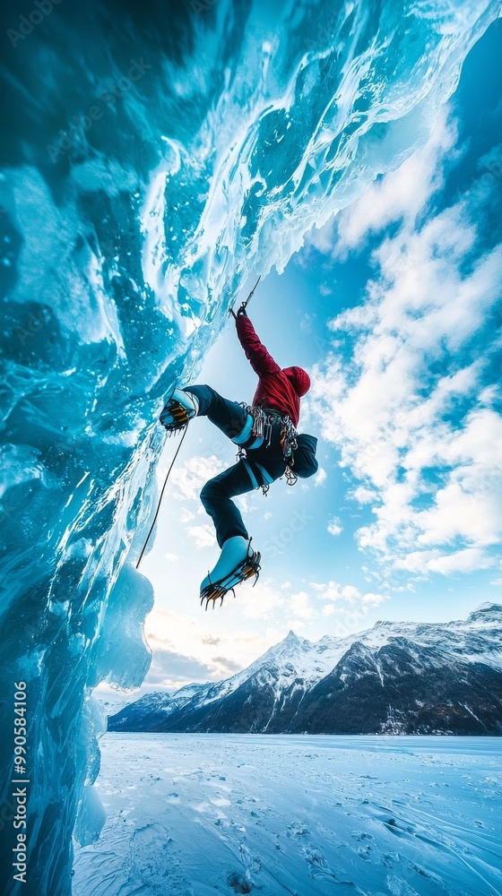 Extreme Ice Climber Scaling a Vertical Ice Wall in a Breathtaking ...