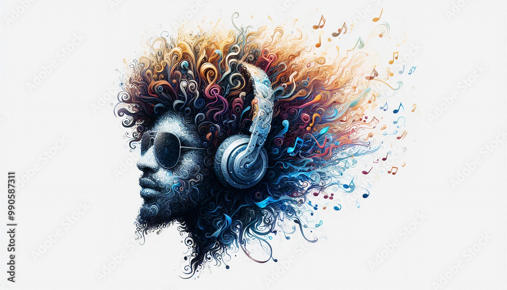 Abstract profile of a man with sunglasses and headphones, his hair ...