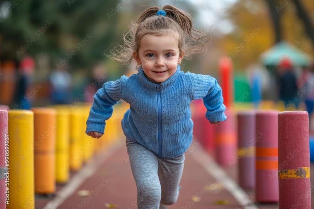 Little girl running on track with obstacles during sports training at ...