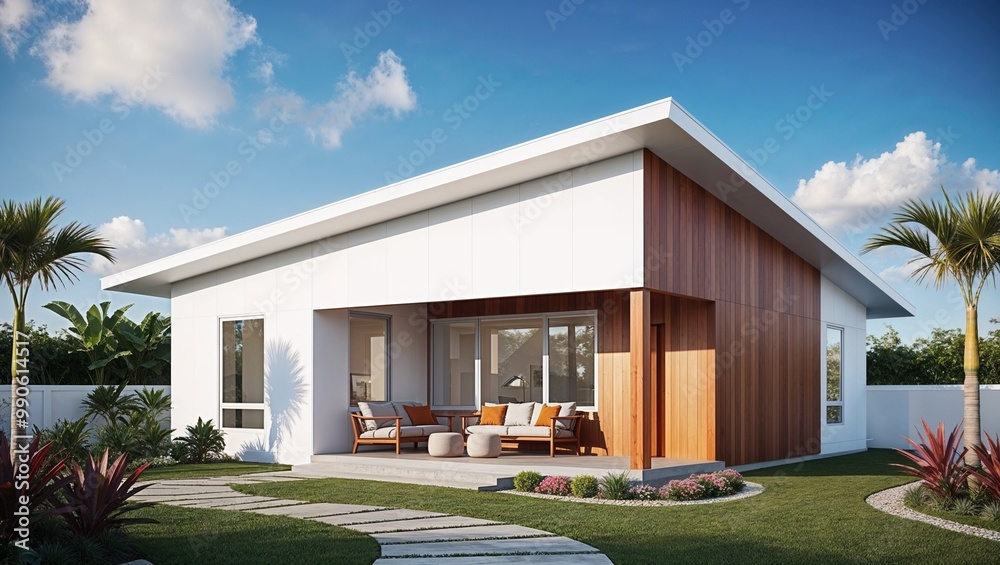 minimalist single-story house with a sleek, angular roof design ...