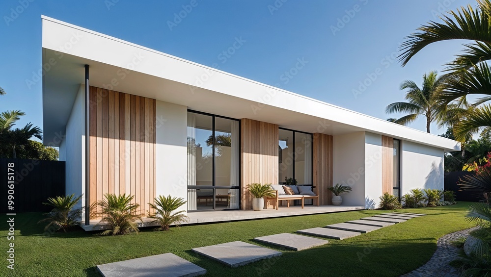 minimalist single-story house with a sleek, angular roof design ...