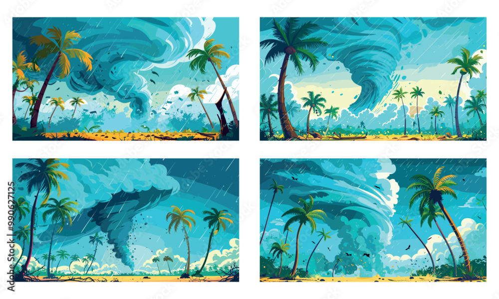 Tornado cartoon vector scenes. Giant hurricane rain palms torn trees ...
