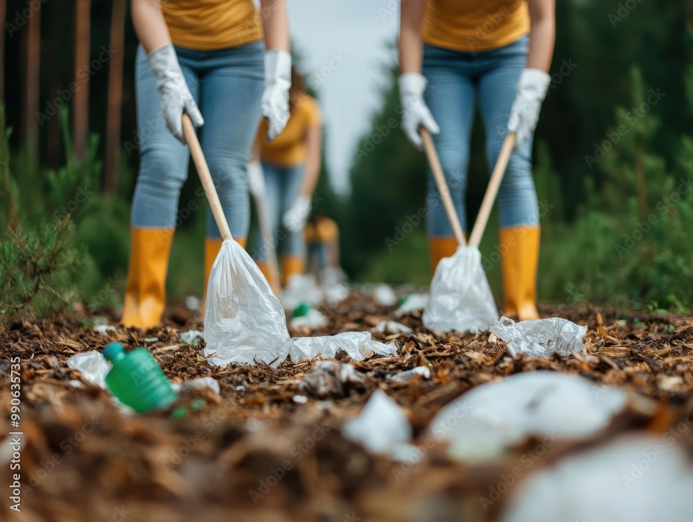 People cleaning up plastic waste from a forest floor, surrounded by ...