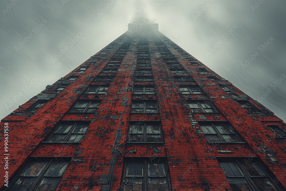 A modern, sleek skyscraper towers over a dilapidated, rundown building ...