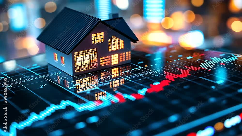 A close-up of a house with a financial chart on its side, depicting the ...