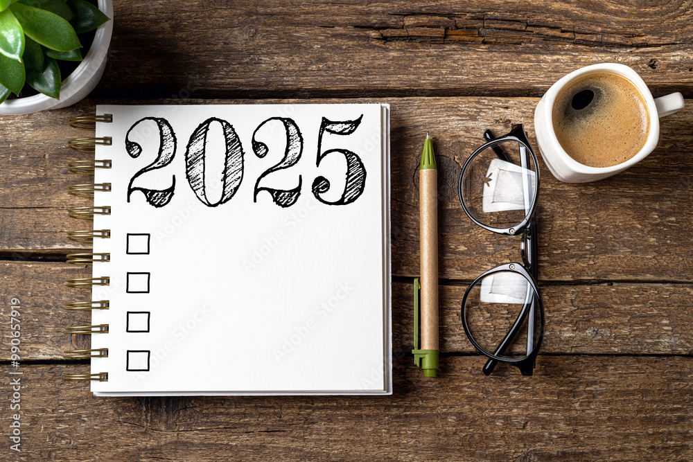 New year resolutions 2025 on desk. 2025 resolutions list with notebook ...