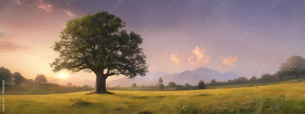 Big old beautiful tree with green meadow and sunset. Extremely detailed ...