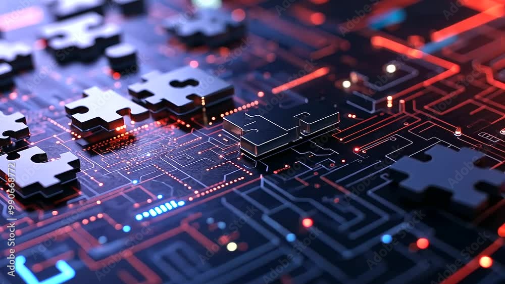 Interlocking digital puzzle pieces hovering over a dynamic, tech ...