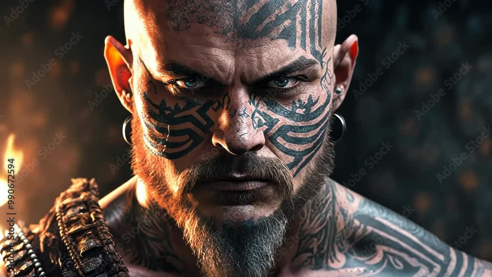 Fierce warrior with tribal face tattoos and intense stare in dark ...