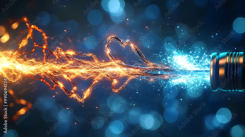 Electrical cable break with electric discharge. Power line damage ...