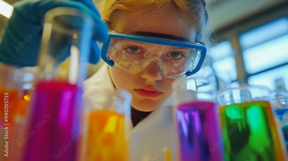 A young student wearing safety goggles and gloves conducting a ...